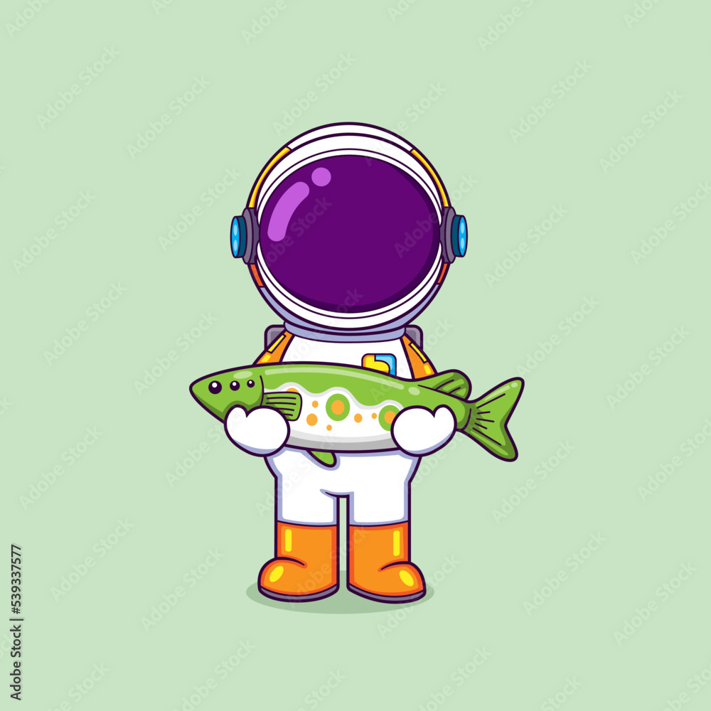 The astronaut fisherman is holding the big fish and showing the fish ...