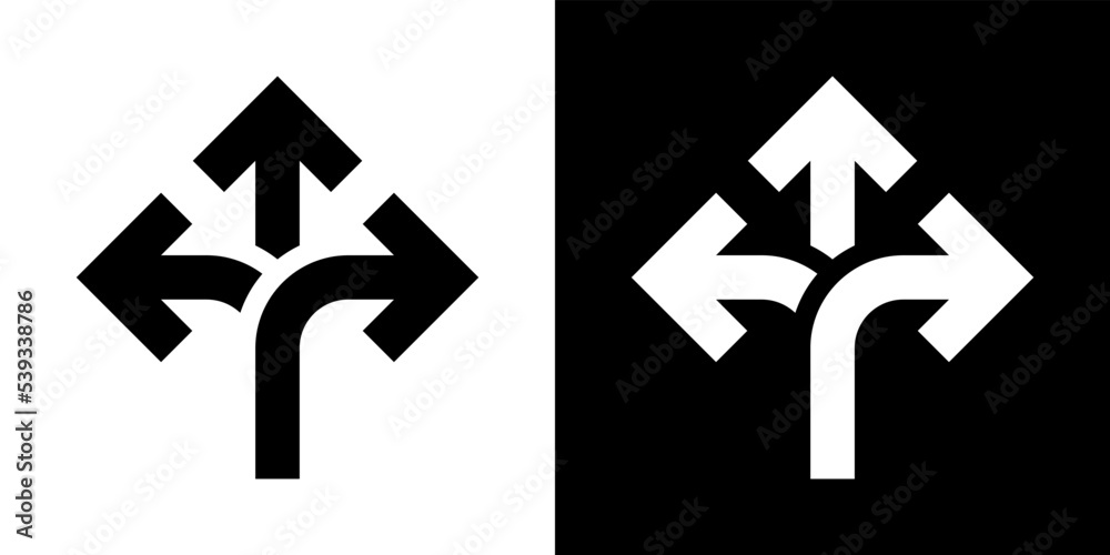 Three-way direction arrow icon vector in clipart concept. Crossroads ...