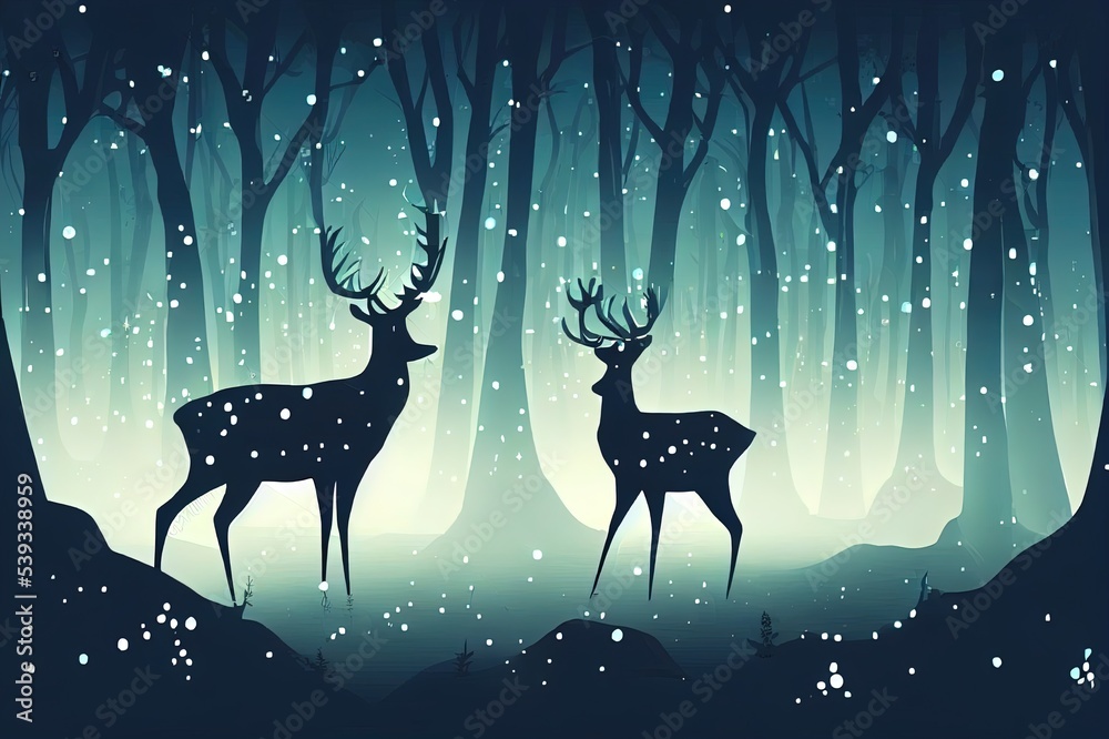 Mystical glowing deer silhouette in dark forest at night. 2d ...