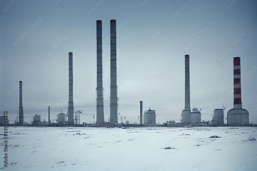 Winter industrial landscape. A view of the towers and structures of a ...