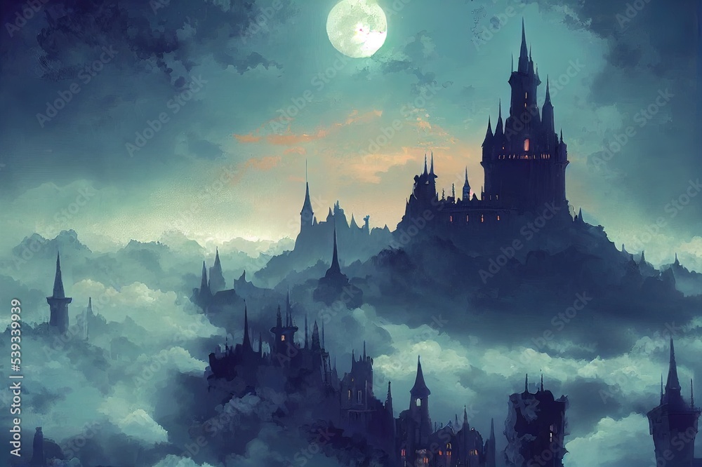 Digital painting of a fantasy castle in the clouds in a low key color ...