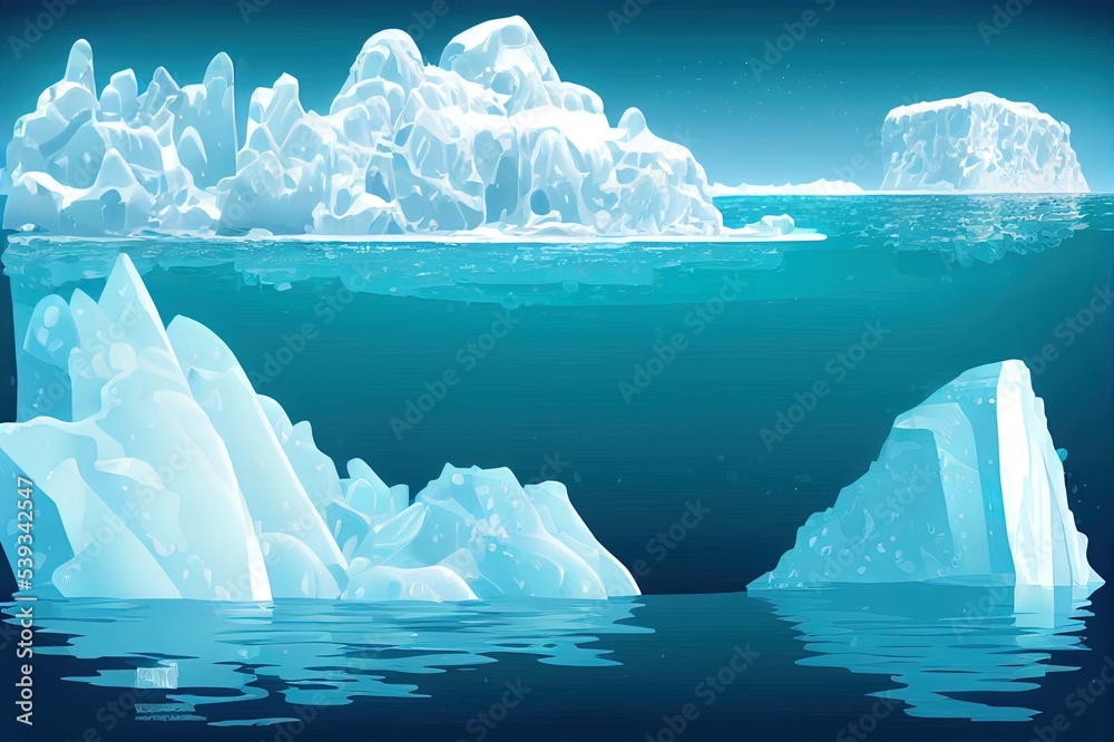 Cartoon iceberg background. Iceberg underwater view. 2d illustrated ...