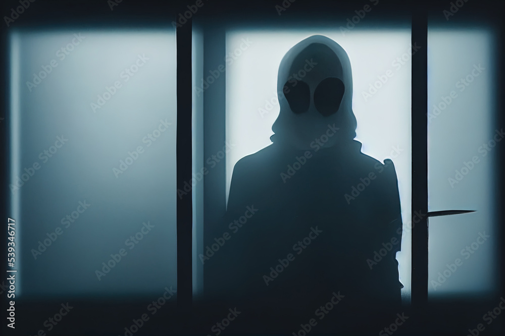 Blurred shadow of hand holding big sharp knife behind frosted glass in ...