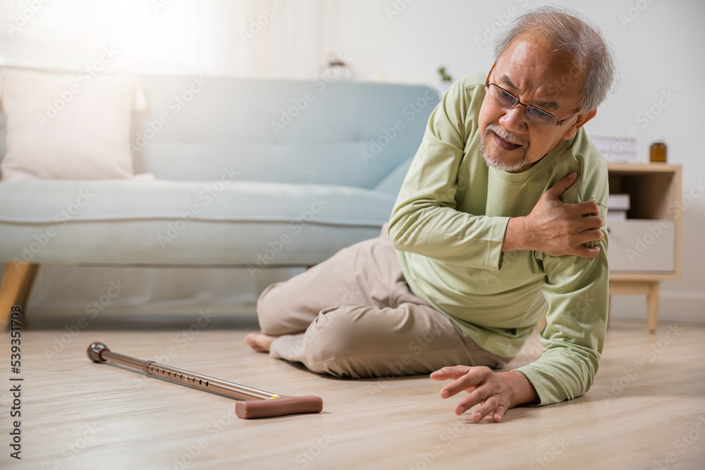 Sick senior old man falling down lying on the ground because stumbled ...