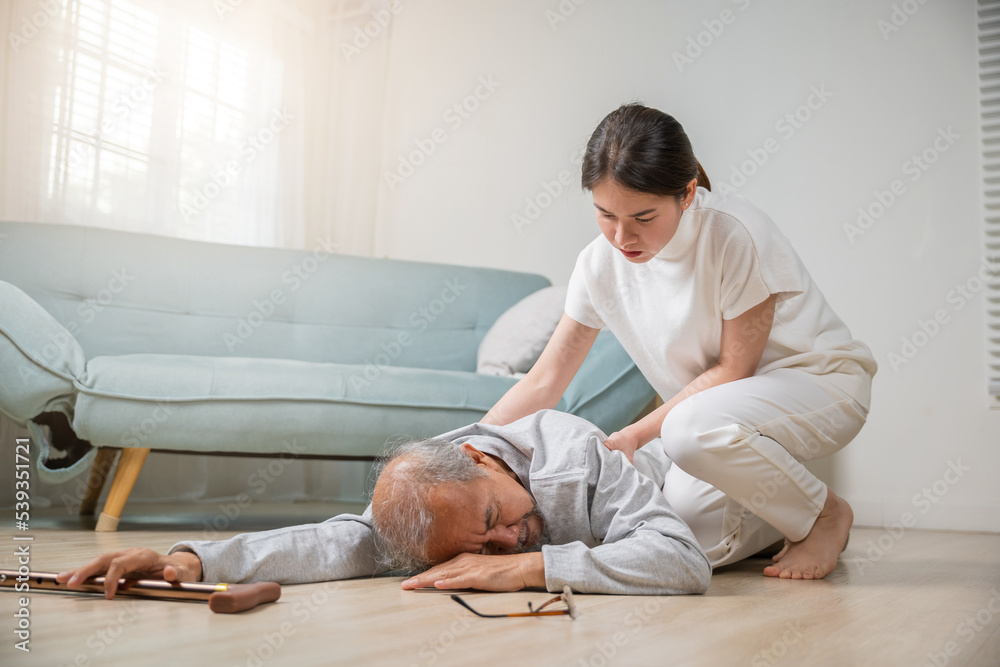 Asian elderly old man with walking stick fall on ground and ...