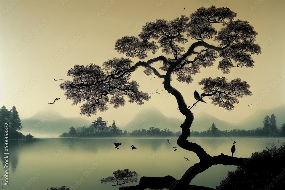 Tree by the lake. Misty landscape. Tree with birds in the Japanese ...
