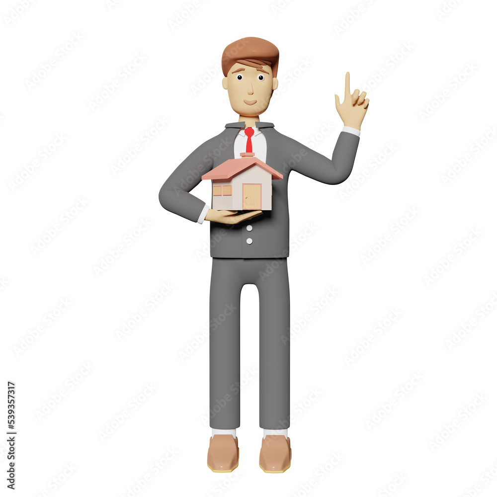 cartoon character businessman hands holding house model with pointing ...
