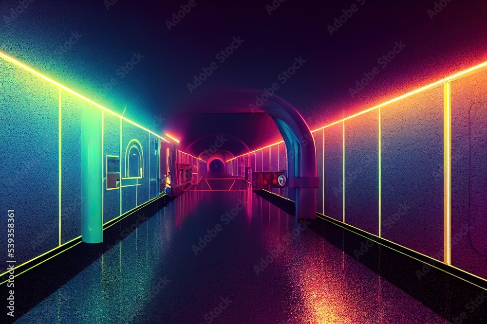 Abstract night futuristic neon city. Illuminated neon tunnel, corridor ...