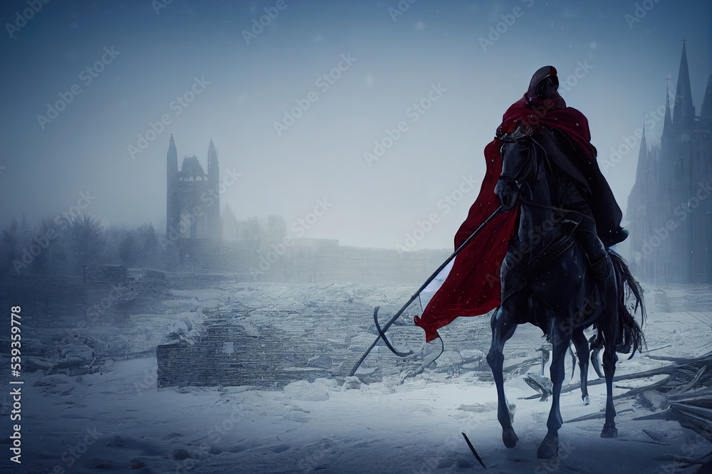 Lone king knight riding horse with a red flag on the lance in a winter ...