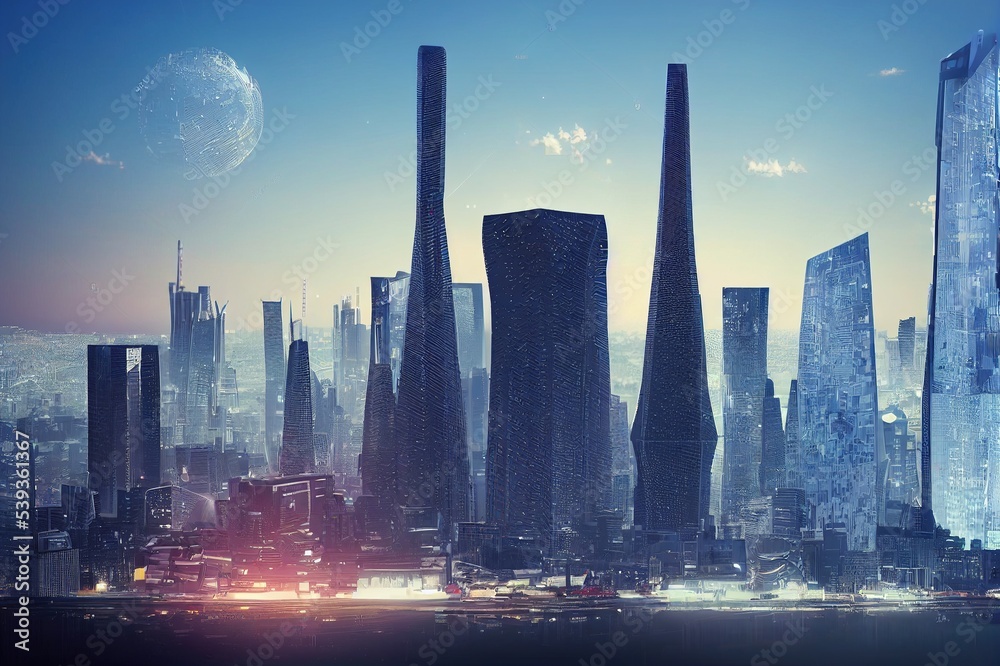 Future city skyline panorama 3D scene. Futuristic cityscape creative ...