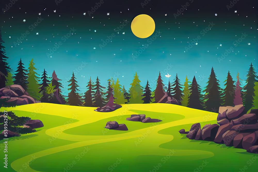 Night forest landscape with trees and rocks. Dark wild wood natural ...