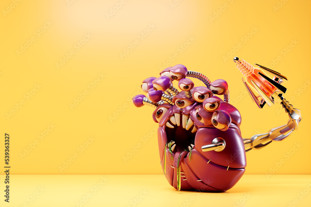 A creepy monster with a huge number of eyes and fangs, saliva flows, on ...