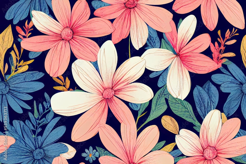 Colourful Blooming Hand drawn paint brused Wild flower ,Meadow floral ...