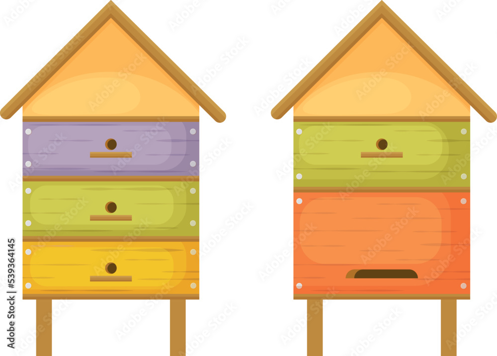 Hive. Bee hives. Two wooden beehives in the form of houses. Colorful ...