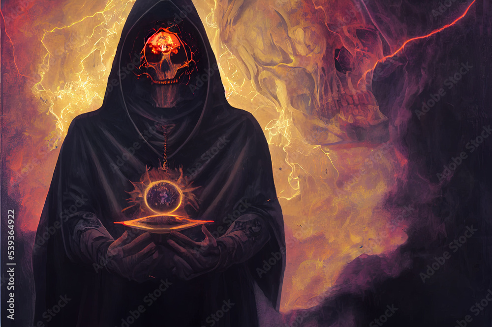An evil dark magician in a hood holds a ritual skull in his hands ...