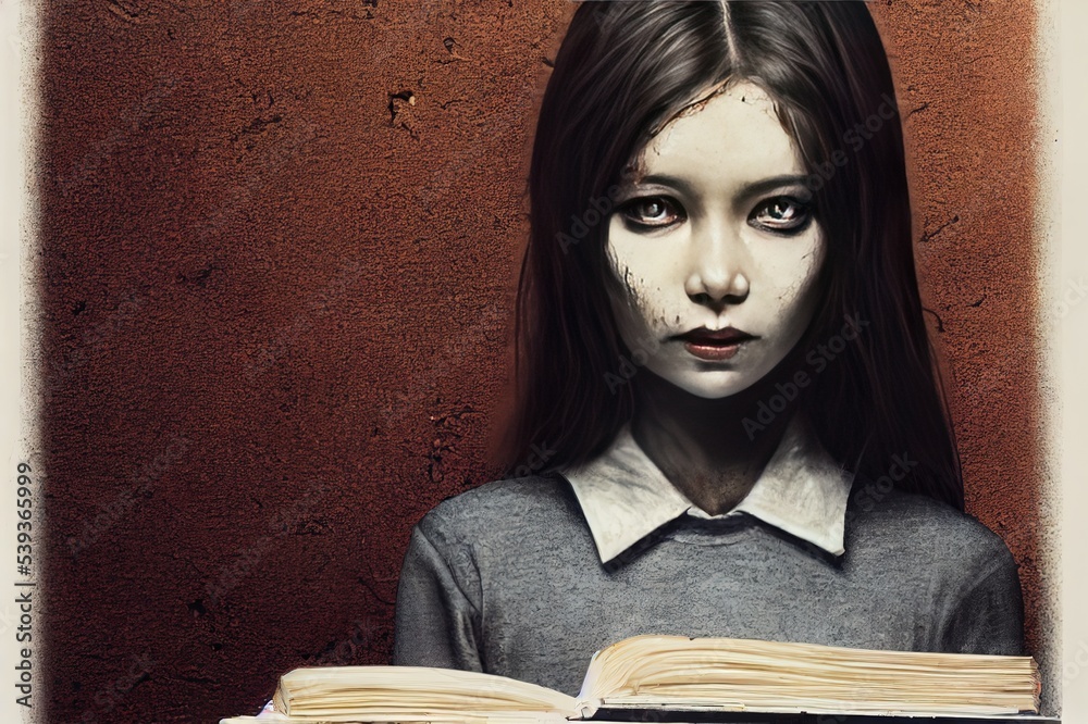 Portrait of a poltergeist girl with colorless eyes standing in a gloomy ...