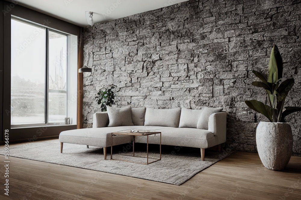 Grey stone wall interior room with wooden decor, bookshelf, sofa and ...