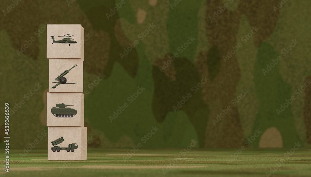 Military equipment wooden block icons on with camouflage background ...