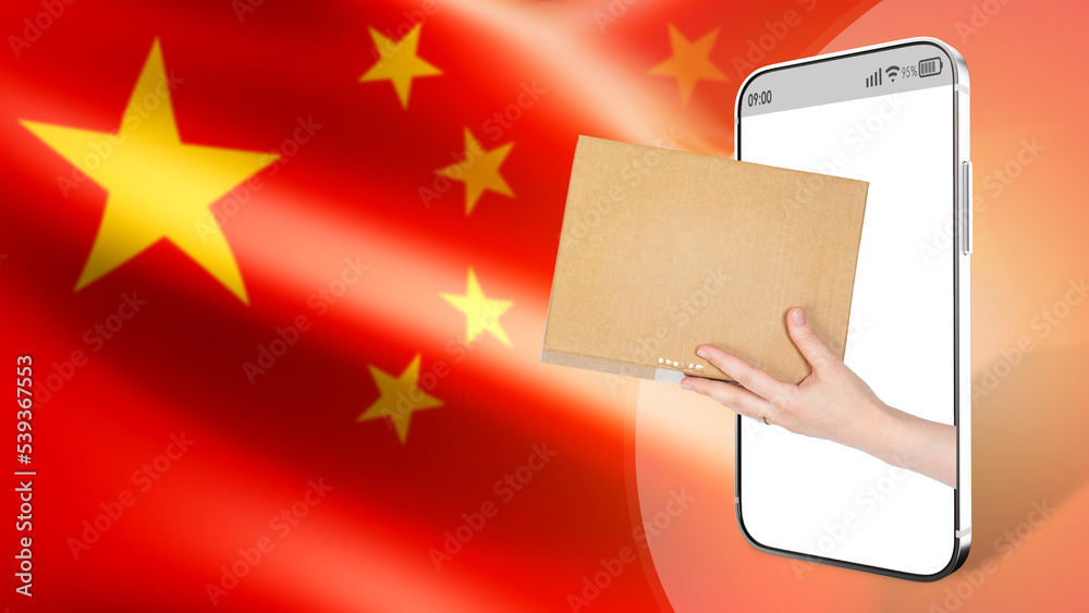 Delivery of goods from China. Hand with box in front of phone. Chinese ...