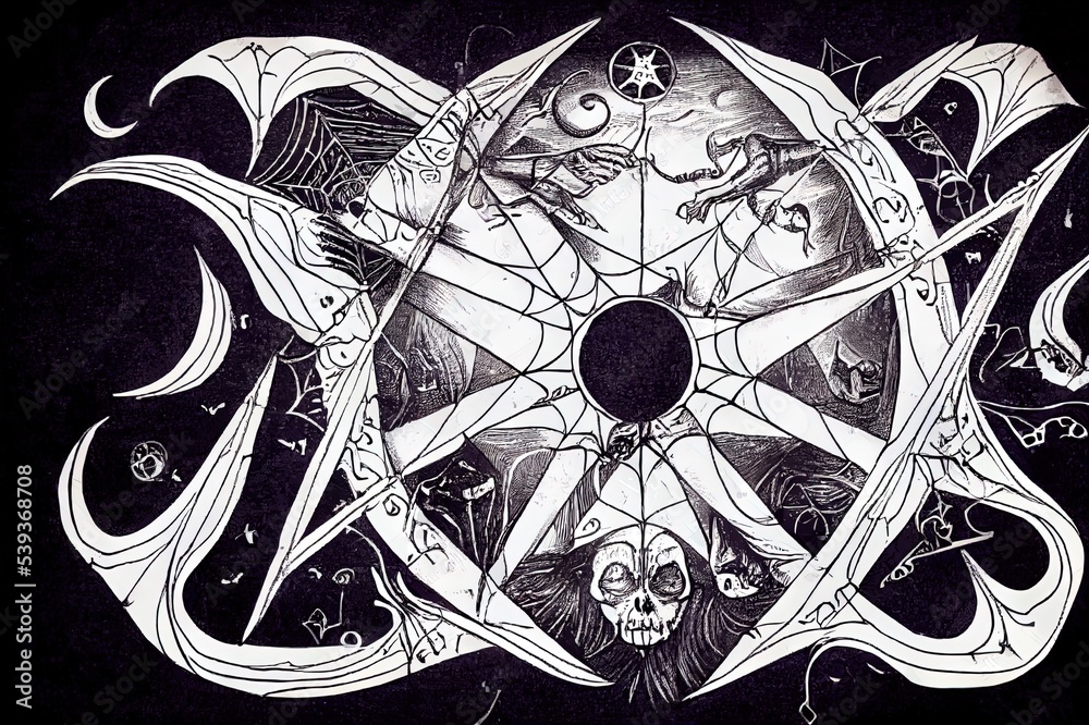 Hand drawn Halloween illustration of old page with wicca and mystic ...