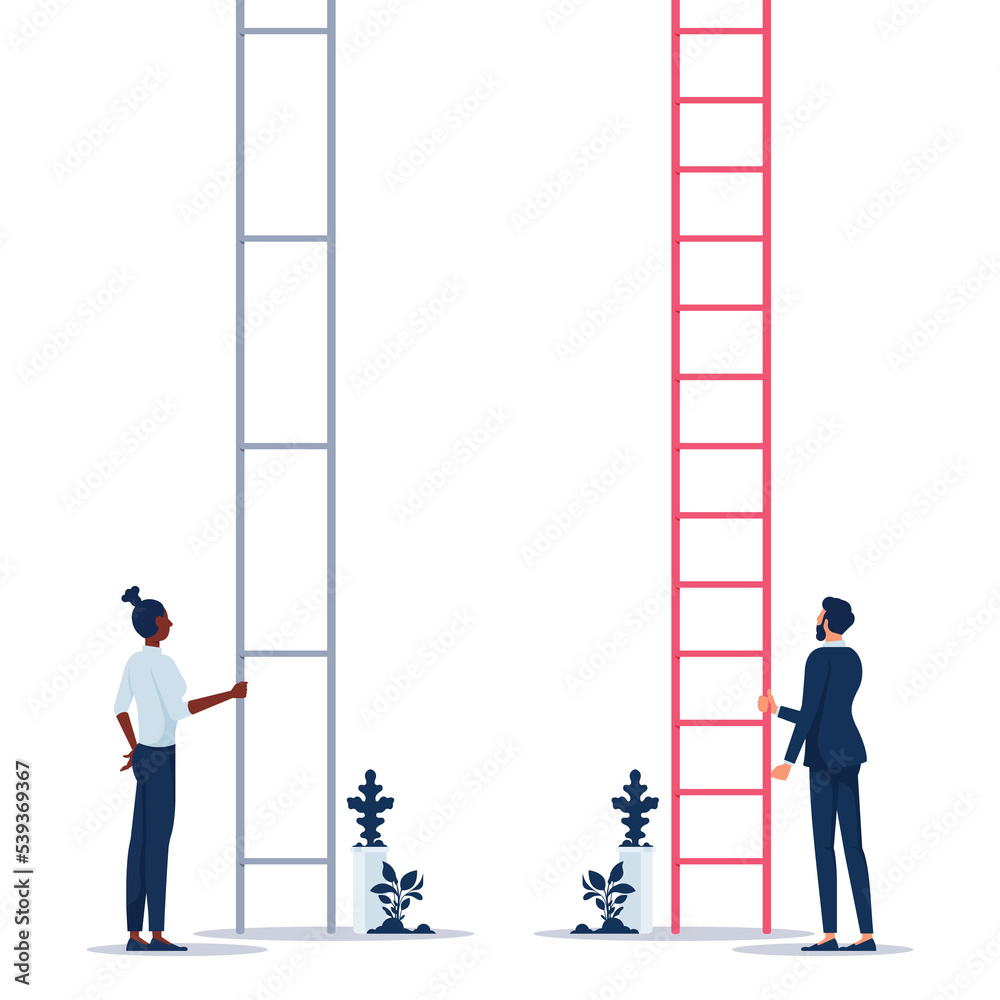 Gender equality. businessman and businesswoman stand at career ladder ...