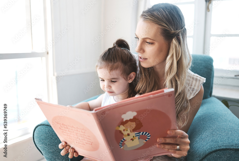 Mother, girl and reading kids book for child education development ...