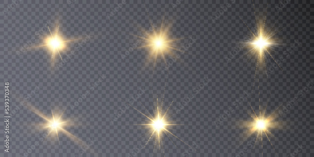 Set of isolated highlights in yellow. Glowing realistic glare effects ...