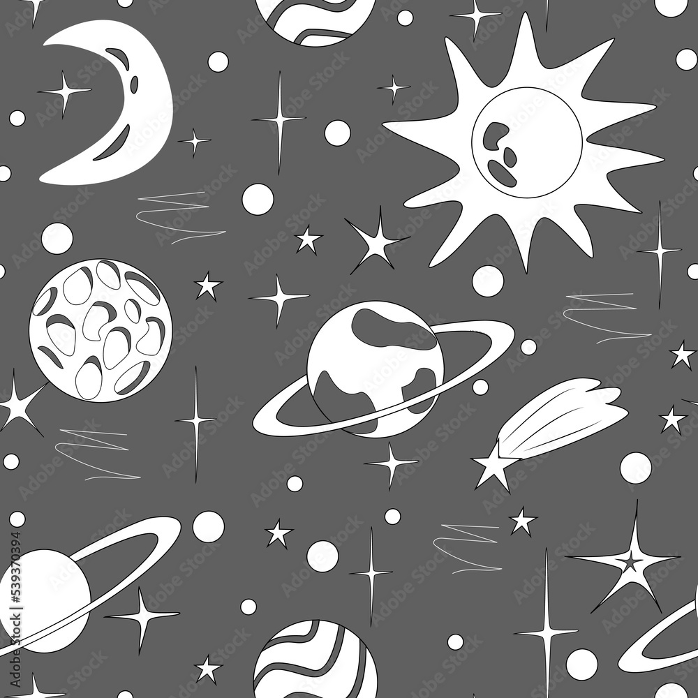Silhouettes of space bodies on a gray background. Space background for ...