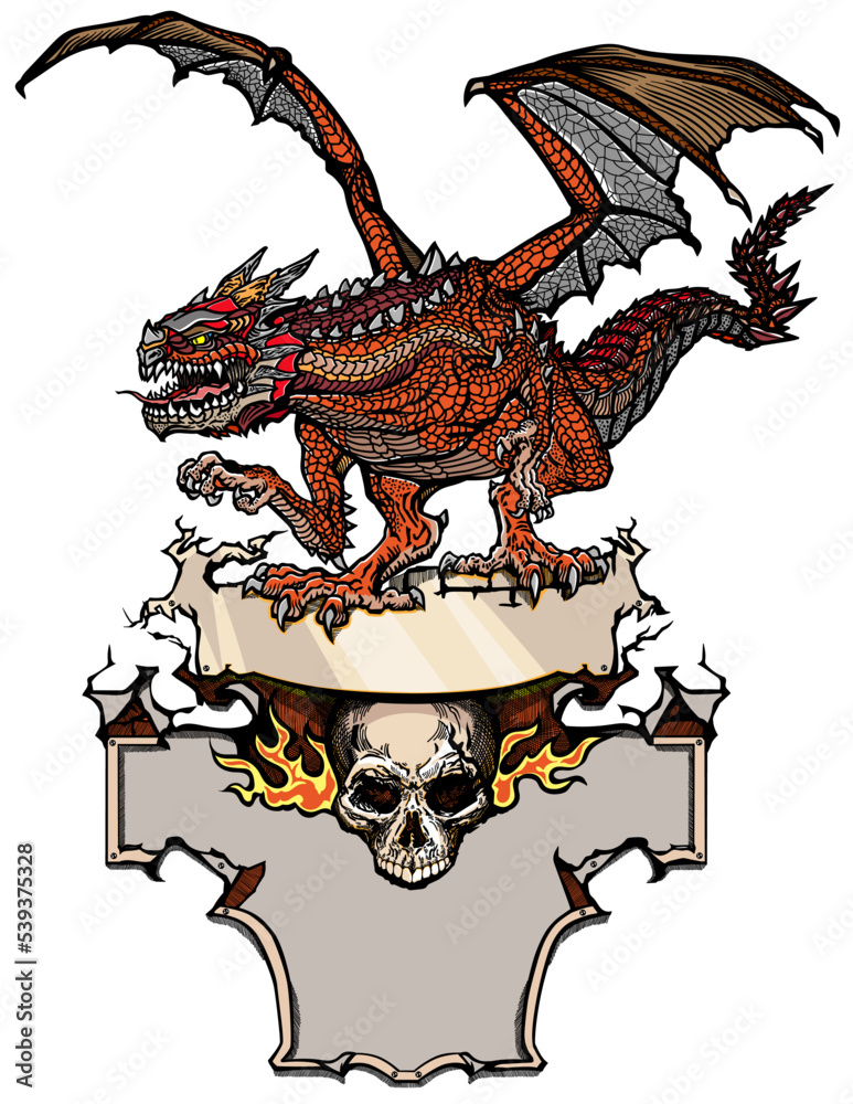 Medieval dragon and burning human skull. Classic European mythological ...