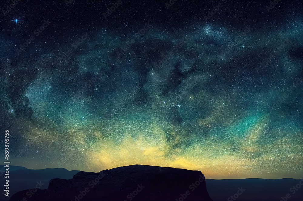 Night sky long exposure landscape. A man standing on a high rock ...