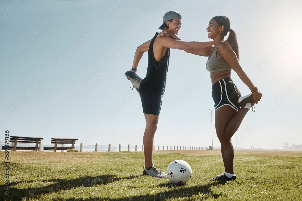 Soccer fitness, couple and stretching at the beach park for workout ...