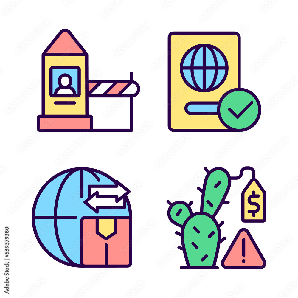 Borders control measures RGB color icons set. Contraband prevention ...