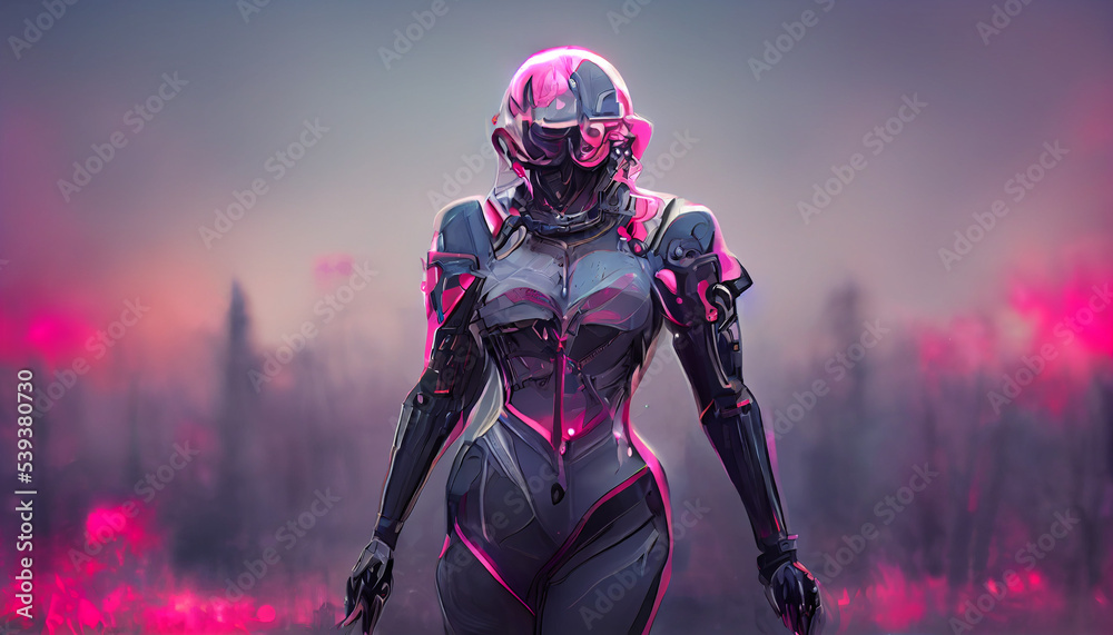 humanoid robot cyborg female, futuristic look, colorful armor with pink ...