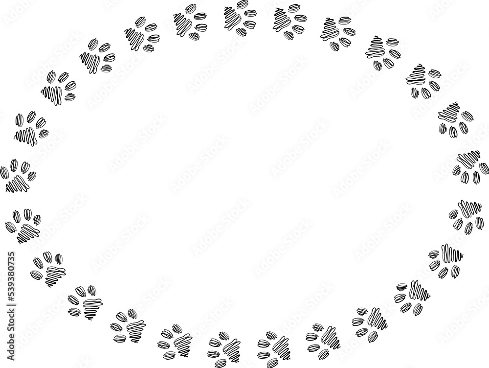 Oval frame with cat or dog paw foot print. Template for greeting or ...