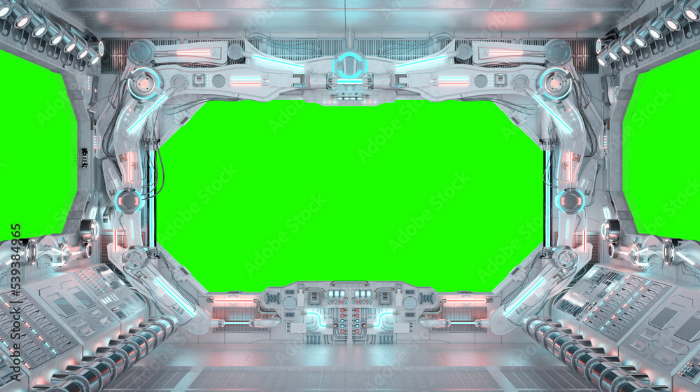 White spaceship interior with isolated window. Futuristic spacecraft ...