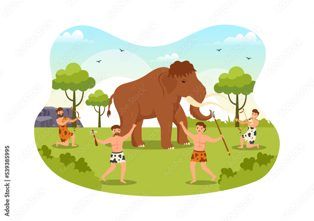 Prehistoric Stone Age Tribes Hunting Large Animals with Weapon in Flat ...