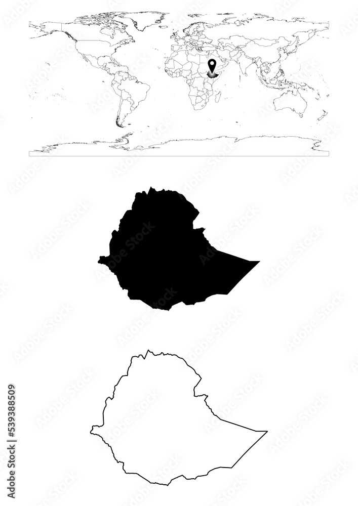 Vector Ethiopia map, map of Ethiopia showing country location on world ...