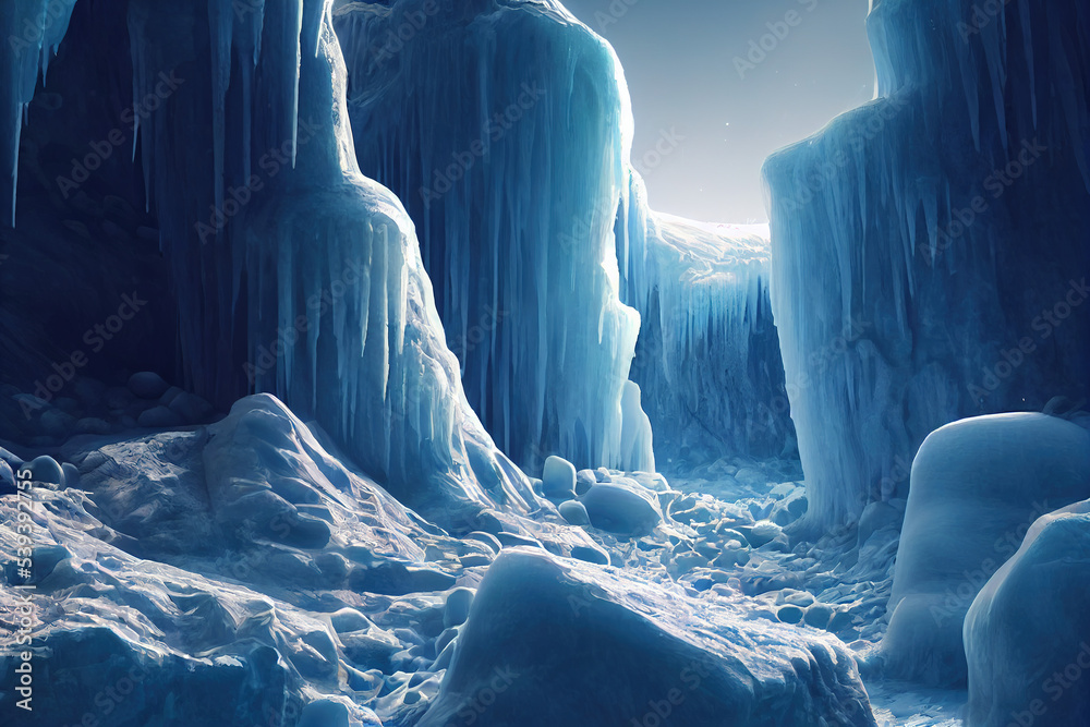 Fantasy chilly Permanent Frost caves. Glowing Unsettling Ice Pillars ...