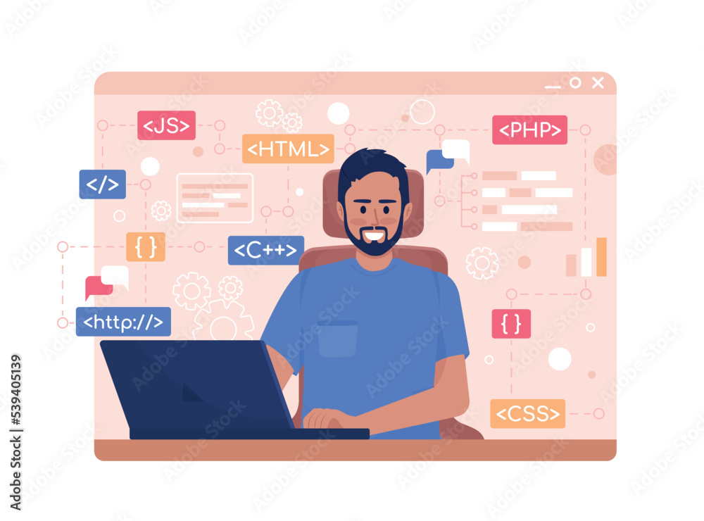 Software developer 2D vector isolated illustration. Computer programmer ...