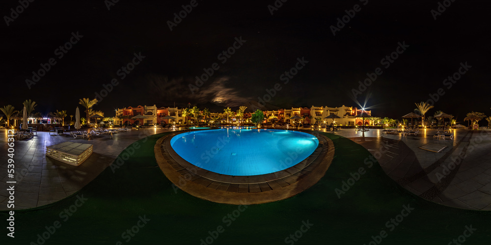 full seamless spherical night 360 panorama near illuminated pool on ...