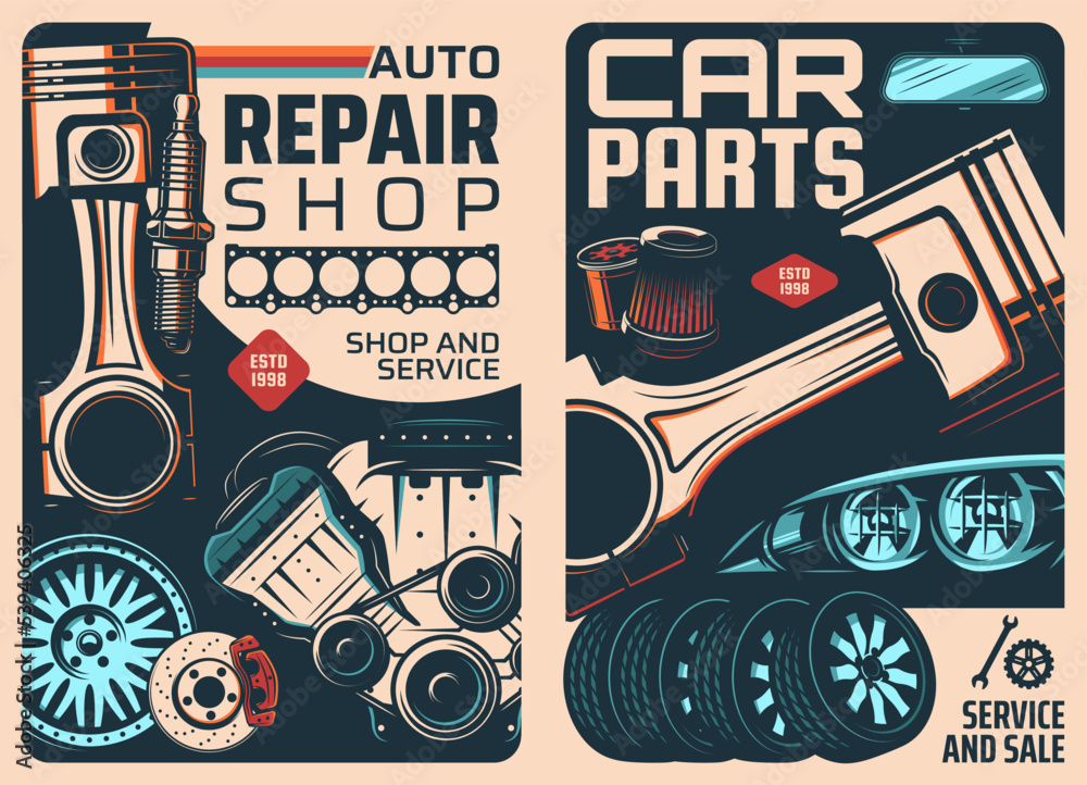 Vetor de Spare parts and car service retro posters. Car maintenance ...