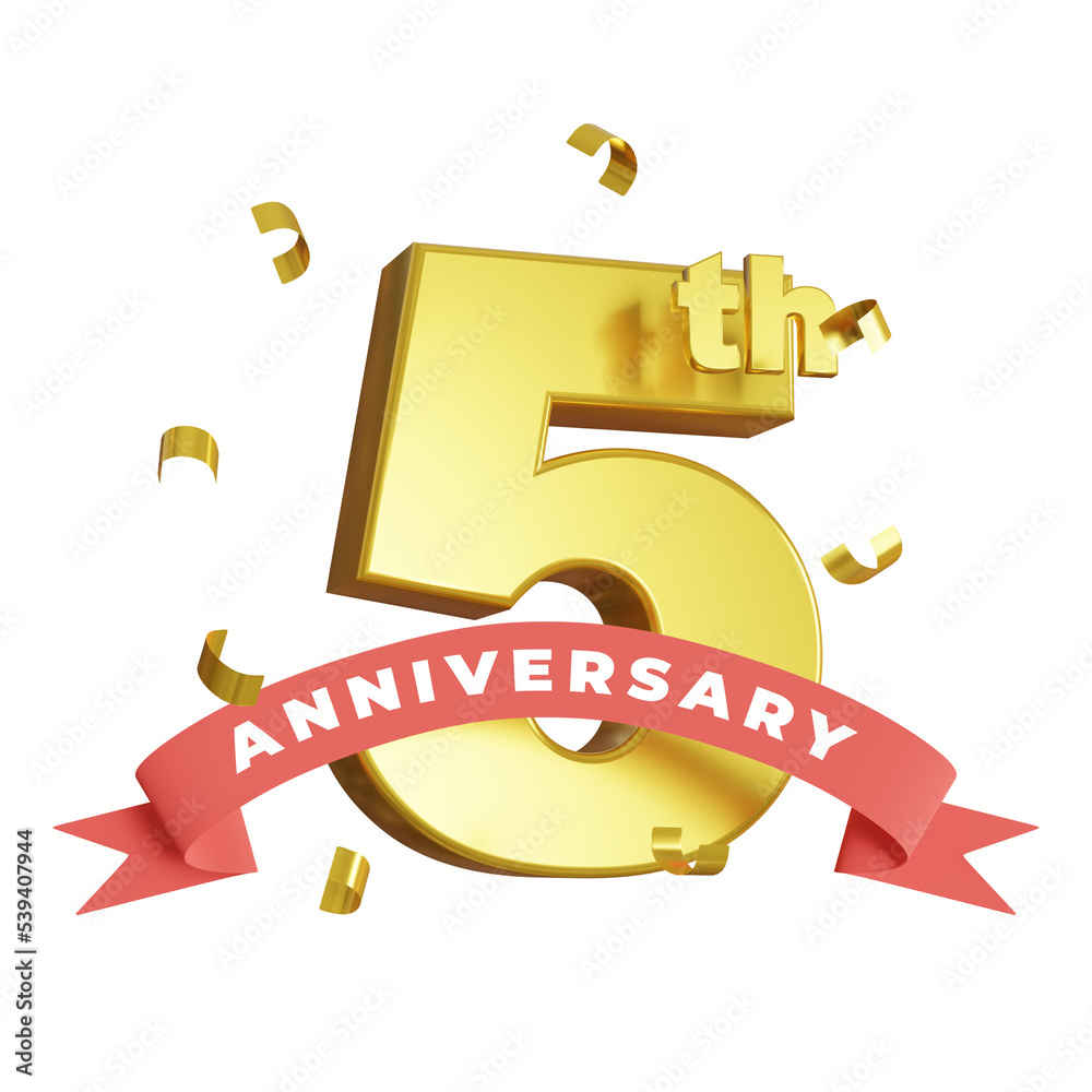 3d rendering 5th anniversary celebration golden number with confetti ...