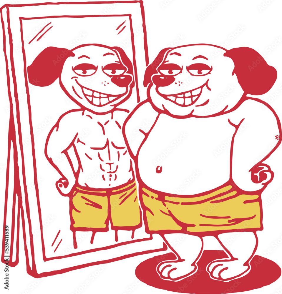 Fat dog cartoon characters sees himself into the mirror with facial ...
