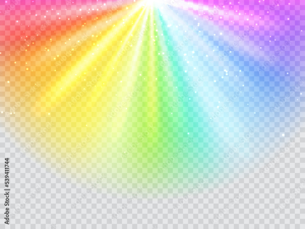 Rainbow rays on transparent background. Sun light refraction ray ...