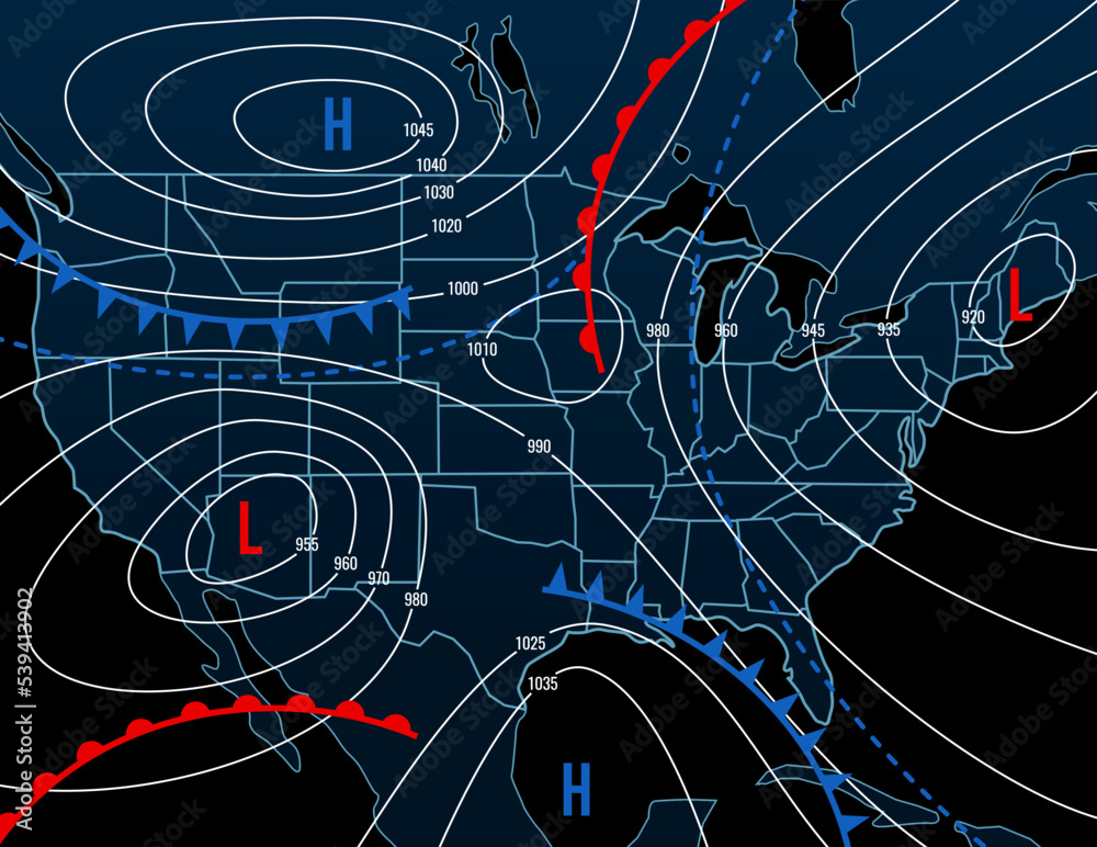 Forecast Weather Isobar Night Map Of Usa Meteorology Diagram With Wind Front And Temperature