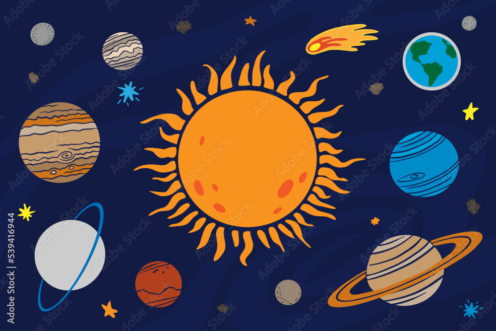 Collection of Solar System planets. Hand drawn cosmos objects. Vector ...
