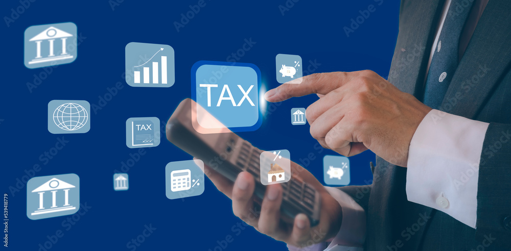 Businessmen using online personal income taxes payment calculators, and ...