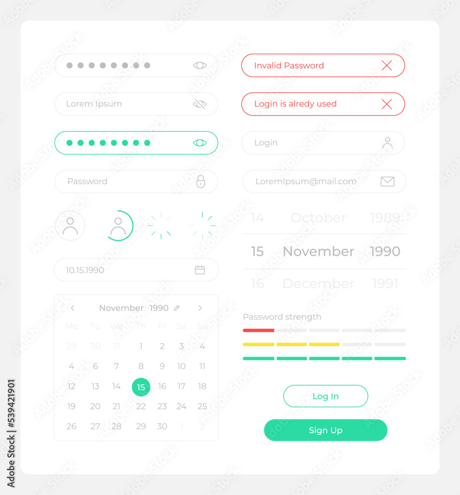Sign up UI elements kit. Personal information isolated vector components. Flat navigation menus ...