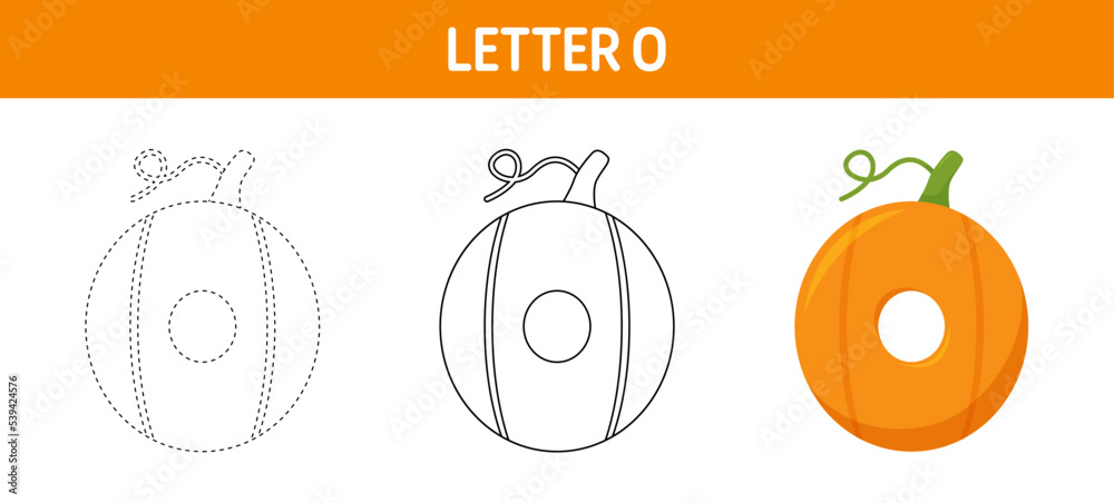 Letter O Pumpkin tracing and coloring worksheet for kids Stock Vector ...