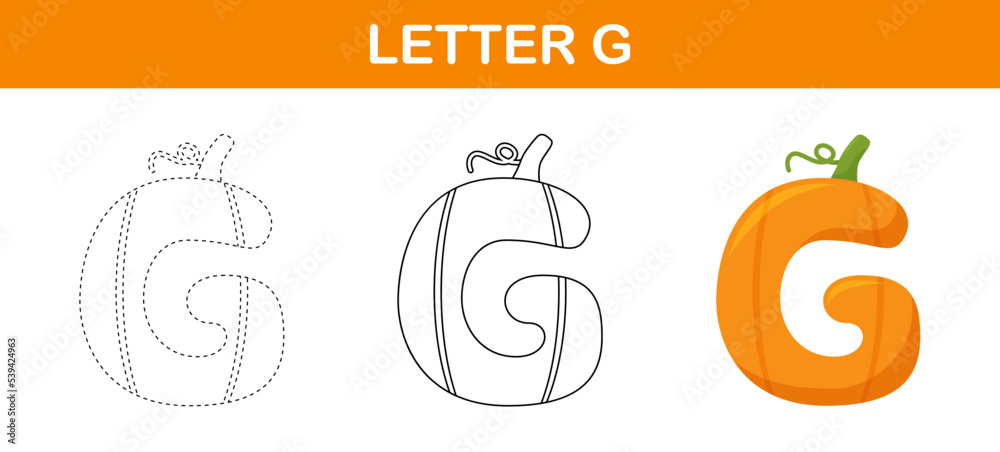 Letter G Pumpkin tracing and coloring worksheet for kids Stock Vector ...